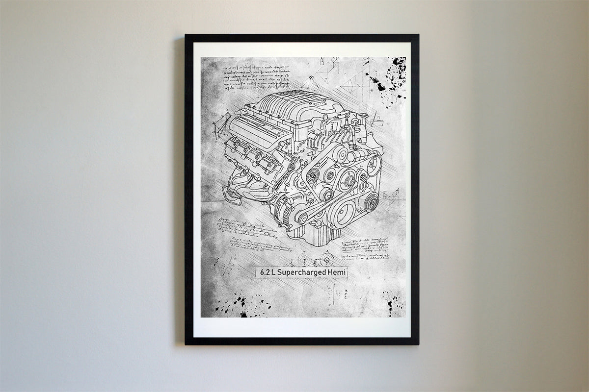 Dodge Hellcat Engine Hemi da Vinci Sketch Art Print | DolanPaperCo